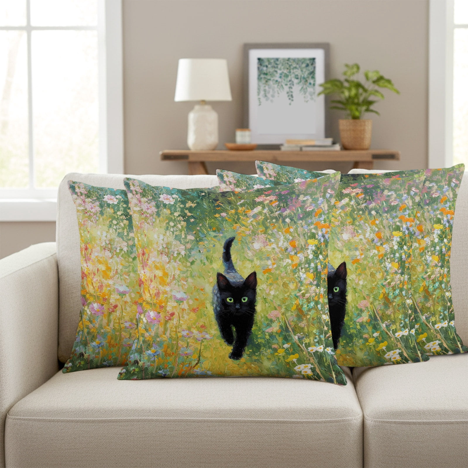 Black Cat Pillow Covers Set of 4, Colorful Floral Wildflowers Garden ...