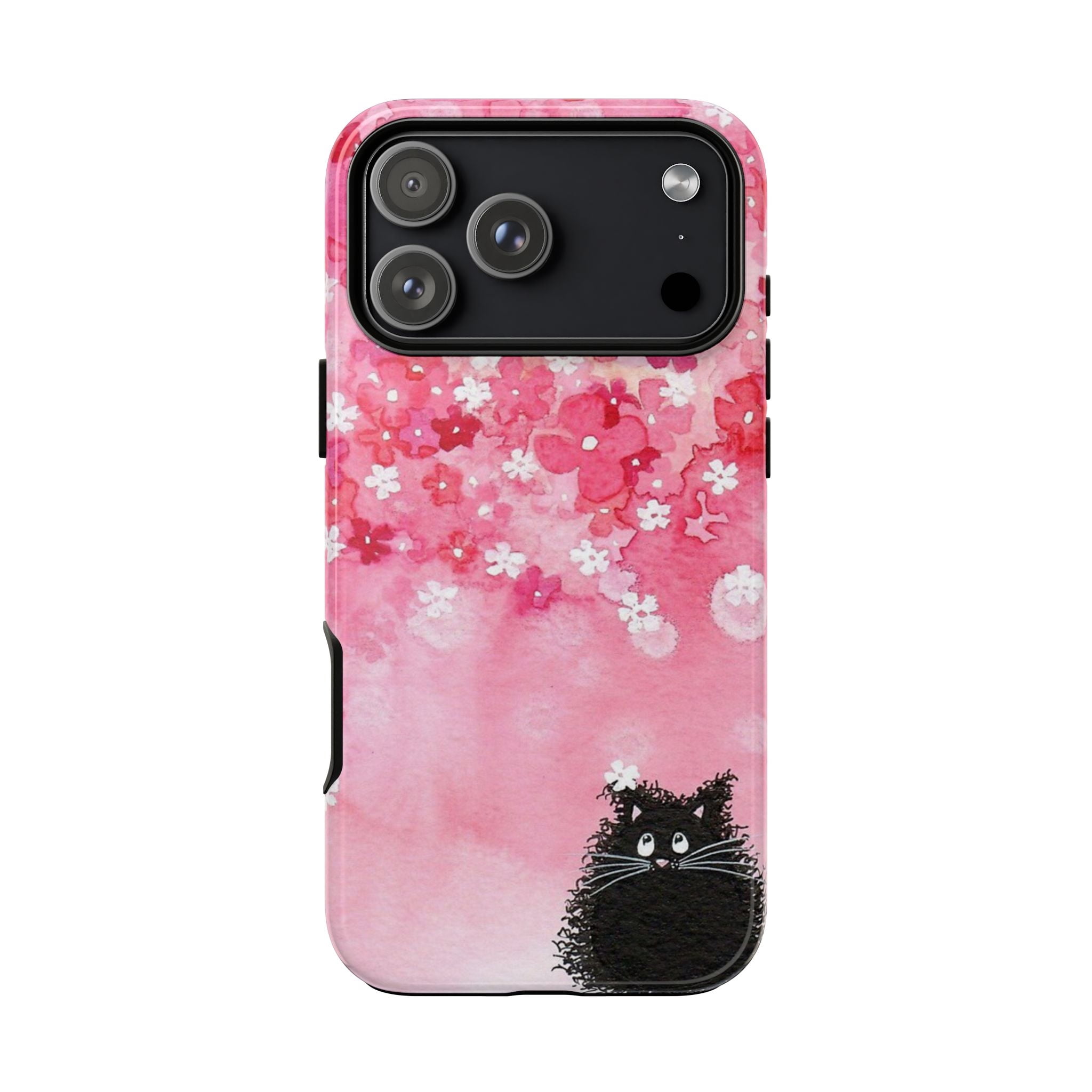 Black Cat Pink Floral Tough Phone Case for iPhone 7-17 Pro Max, Glossy ...