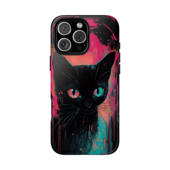 Black Cat Pink Teal Abstract Art Phone Case with iPhone 11 to 17 Pro ...