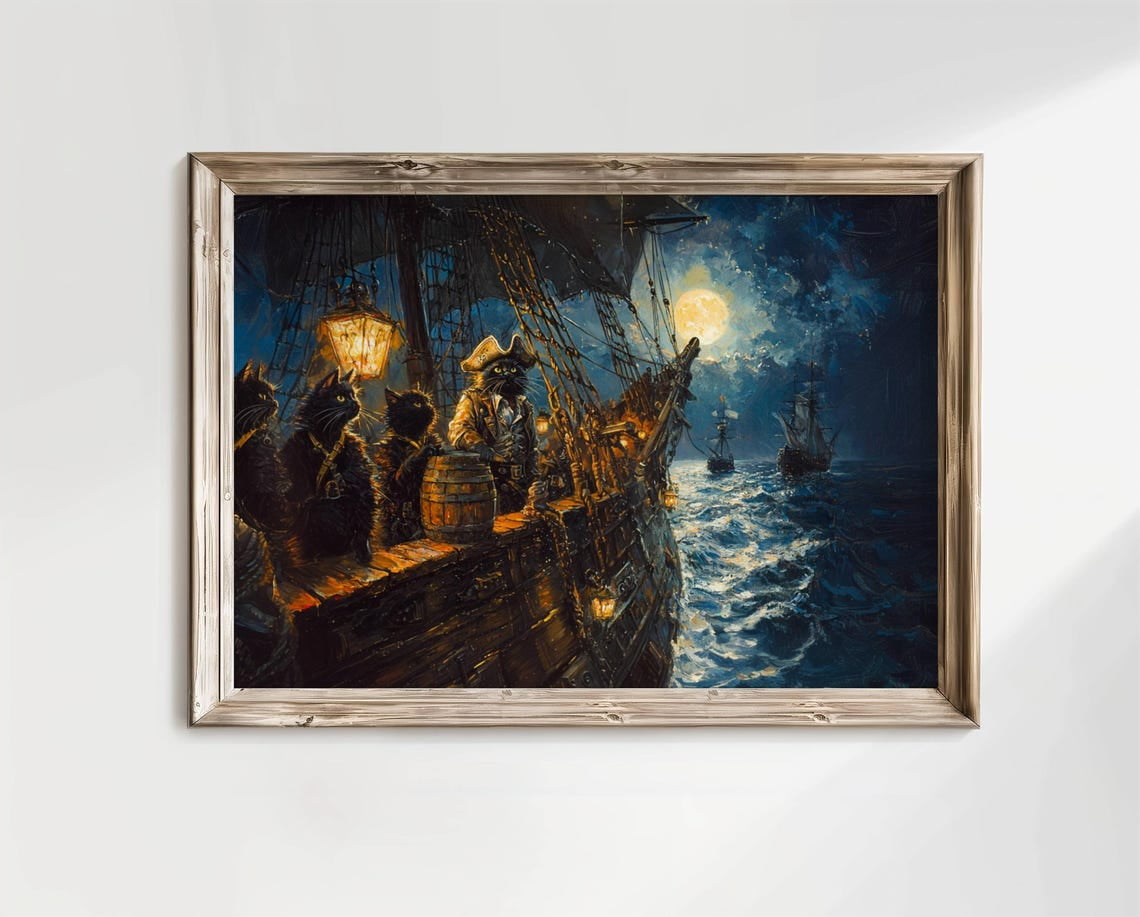 Black Cat Pirate Ship Poster, Whimsical Wall Decor, Nautical Cat Print ...