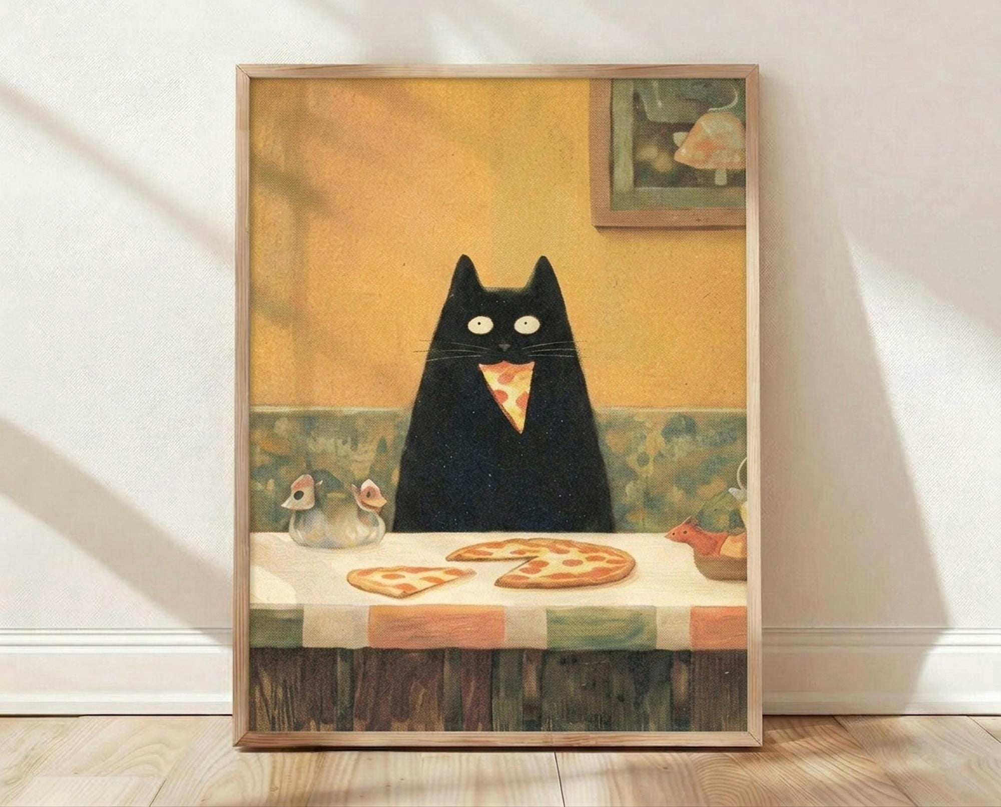 Black Cat Pizza Print, Funny Kitchen Poster, Whimsical Cat Wall Art ...