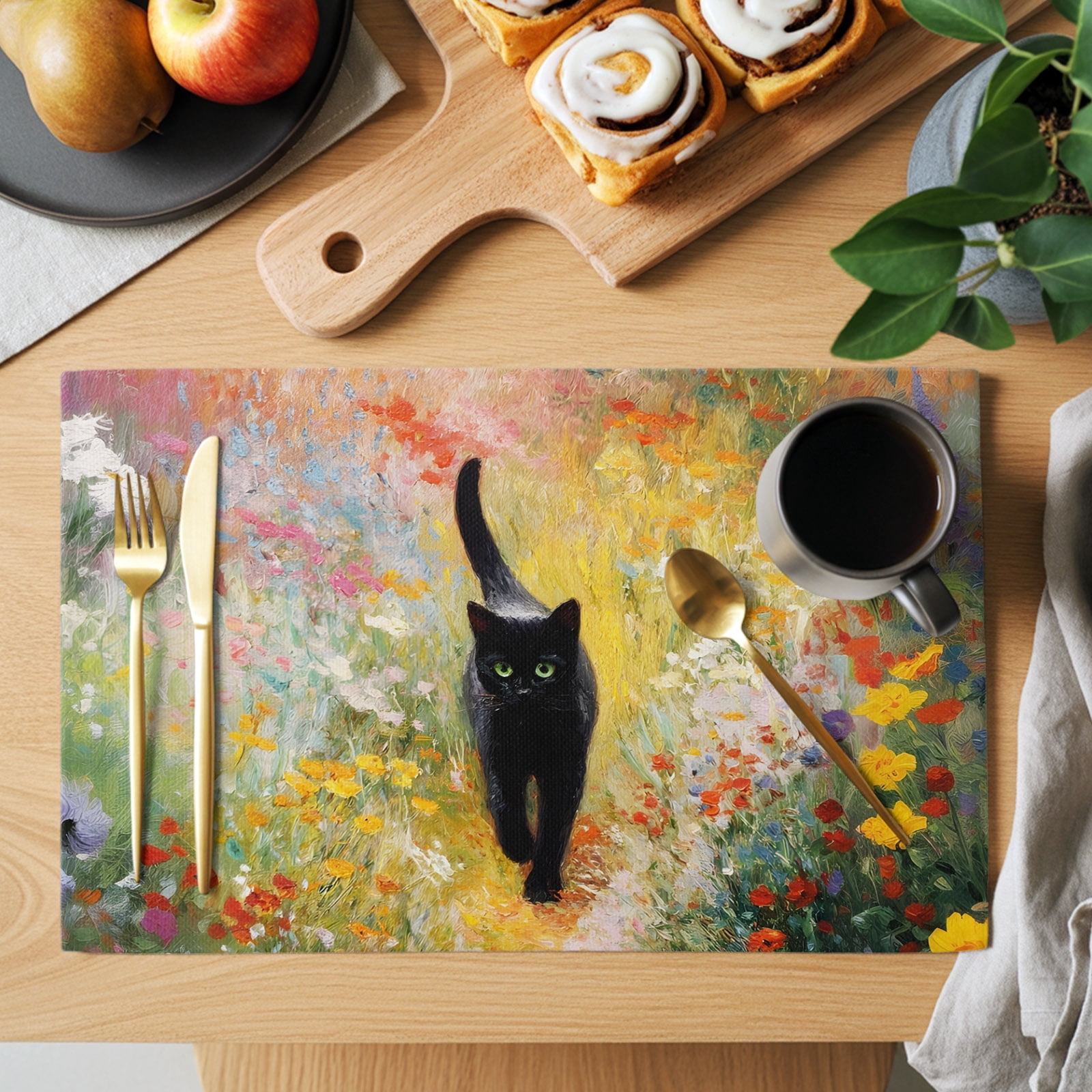 Black Cat Placemats Set of 2, Colorful Floral Garden Impressionist Heat ...
