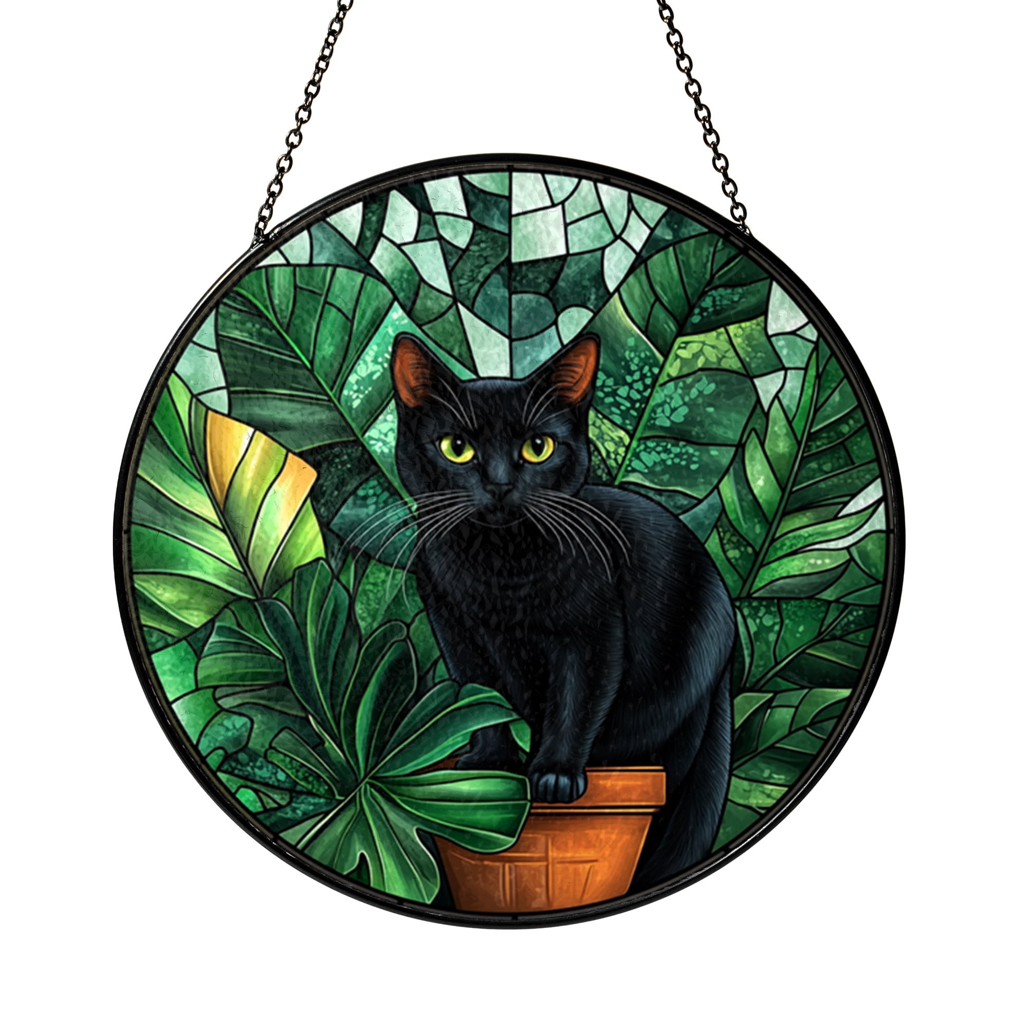 Black Cat Plant Stained Glass Style Window Suncatcher Hanging Decor ...