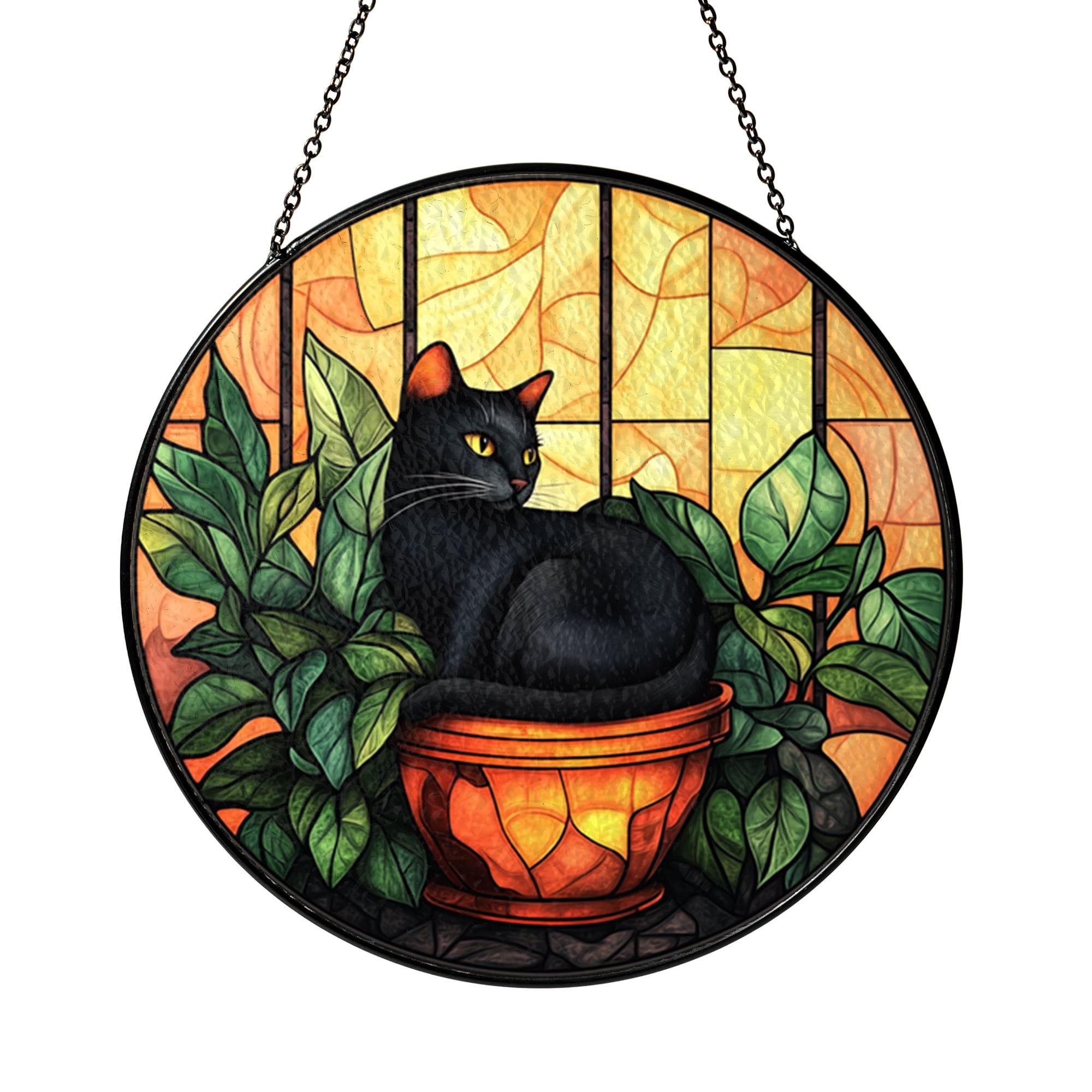 Black Cat Plant Stained Glass Suncatcher – Round Window Hanging for Cat ...
