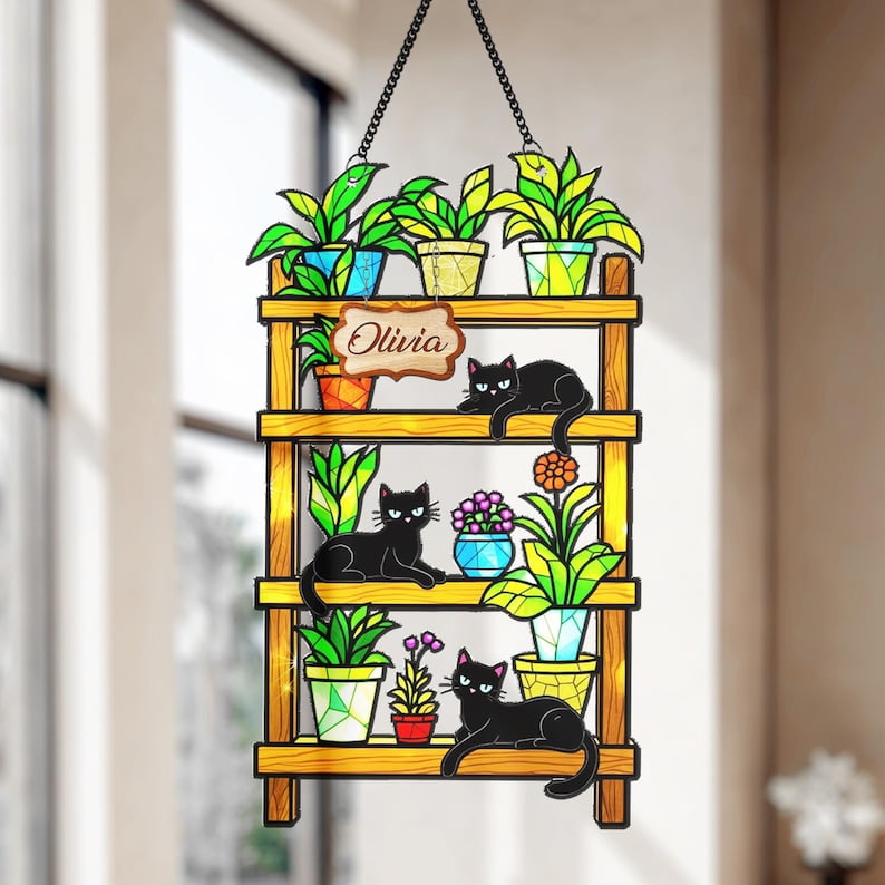 Black Cat & Plant Suncatcher – Window Hanging Gift for Cat Lover, Cozy ...