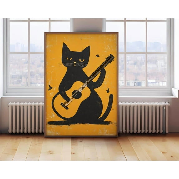 Black Cat Playing Guitar, Retro Music Poster, Vintage Wall Art, Mid ...