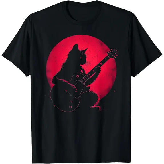 Black Cat Playing Guitar Rock Music Unisex Cat Lover Graphic T-Shirt ...