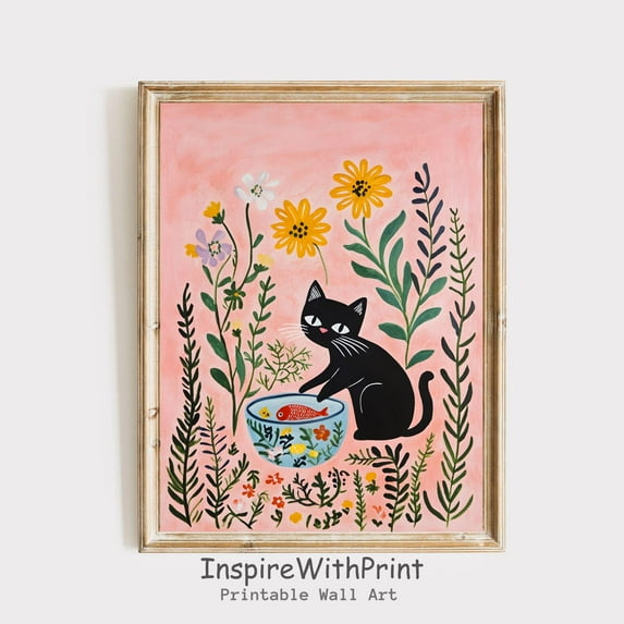 Black Cat Playing With Fish Bowl Wall Art Poster Pastel Floral Decor ...