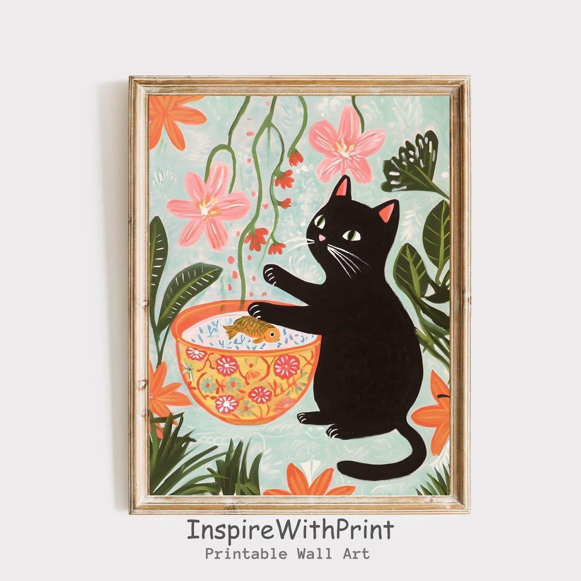 Black Cat Playing With Fish Bowl Wall Art Poster Pastel Floral Decor ...