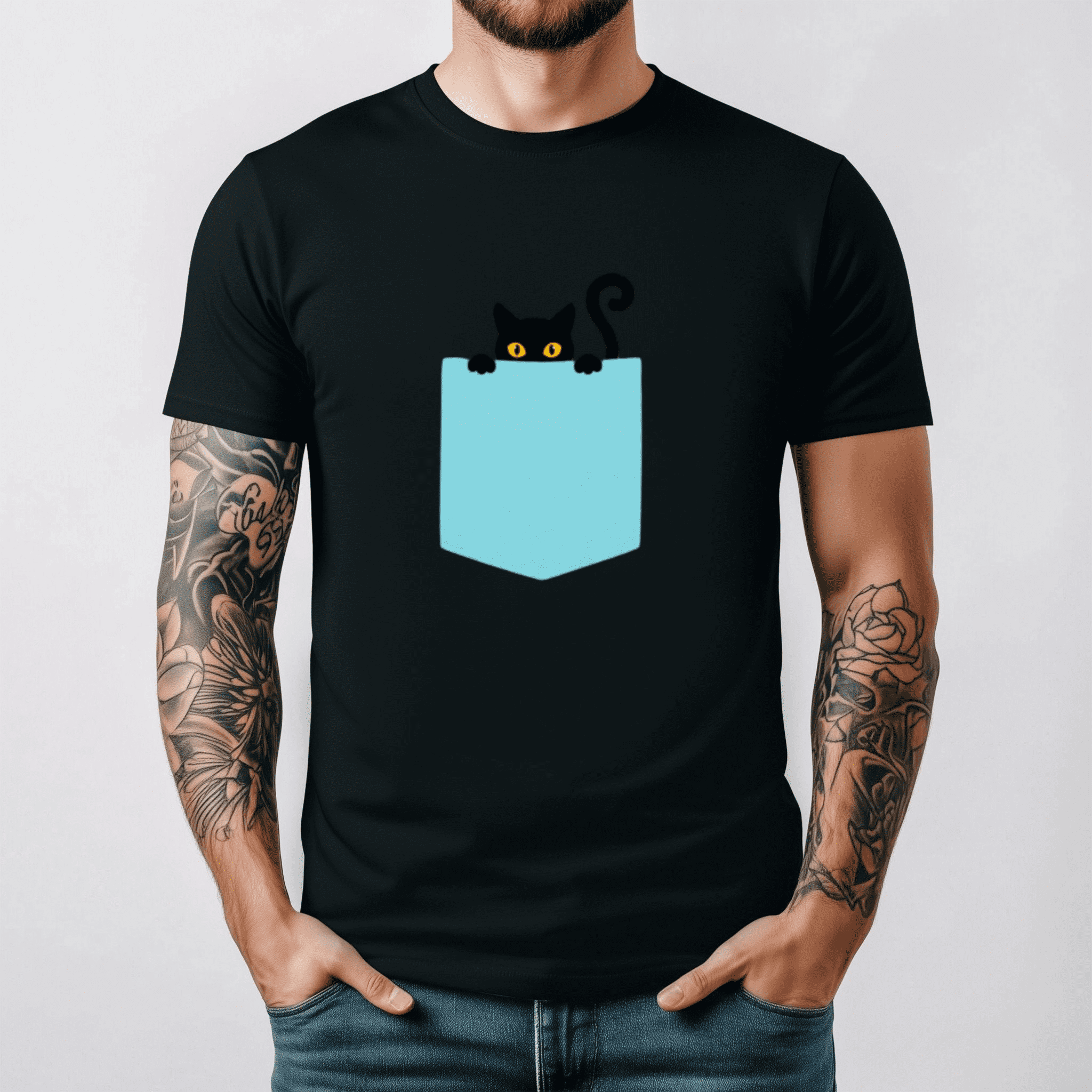 Black Cat Pocket Peek Cute Minimal Cat Design Graphic Casual T Shirt ...