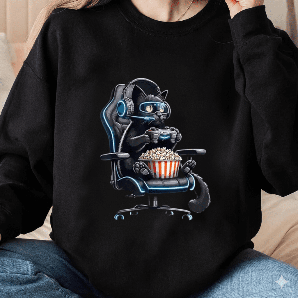 Black Cat Popcorn Gaming Controller Headset Animal Holiday Sweatshirt ...