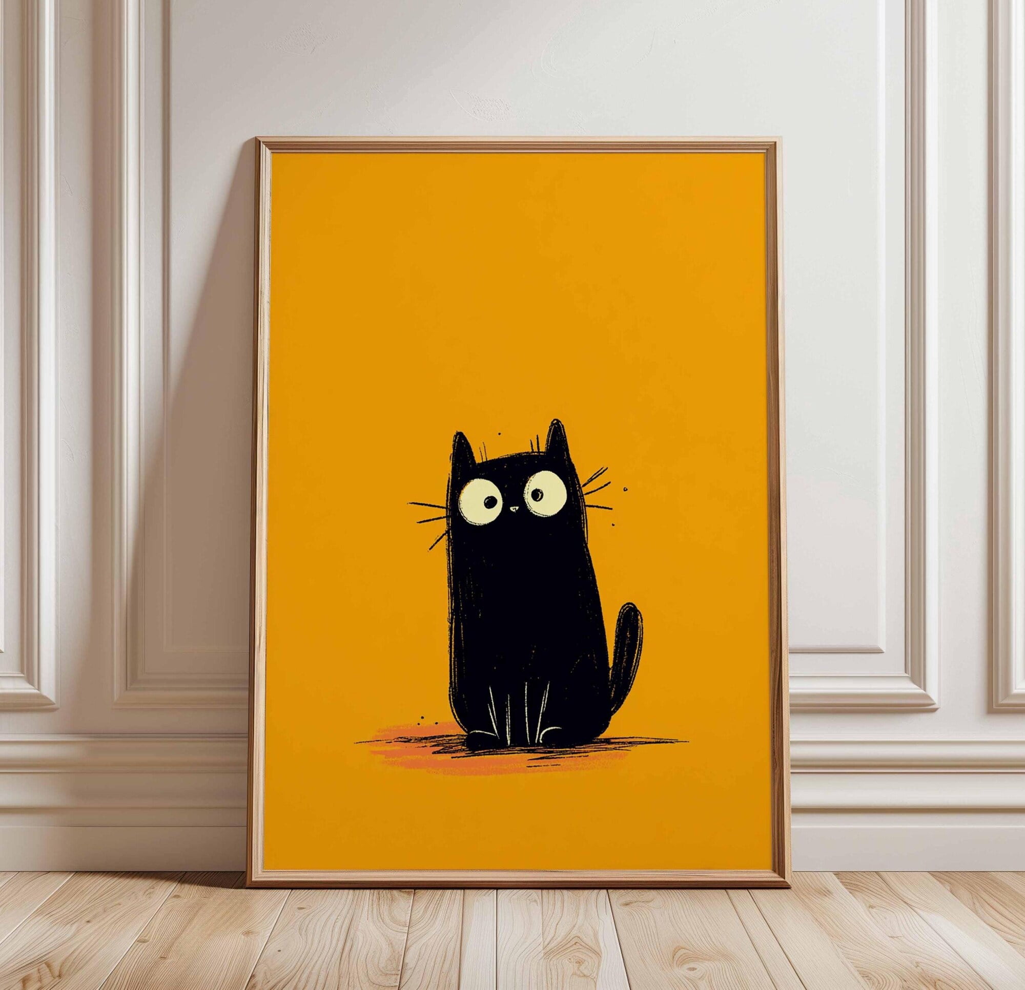 Black Cat Poster Cute Cat Wall Art Print Bold Orange Background Funny ...