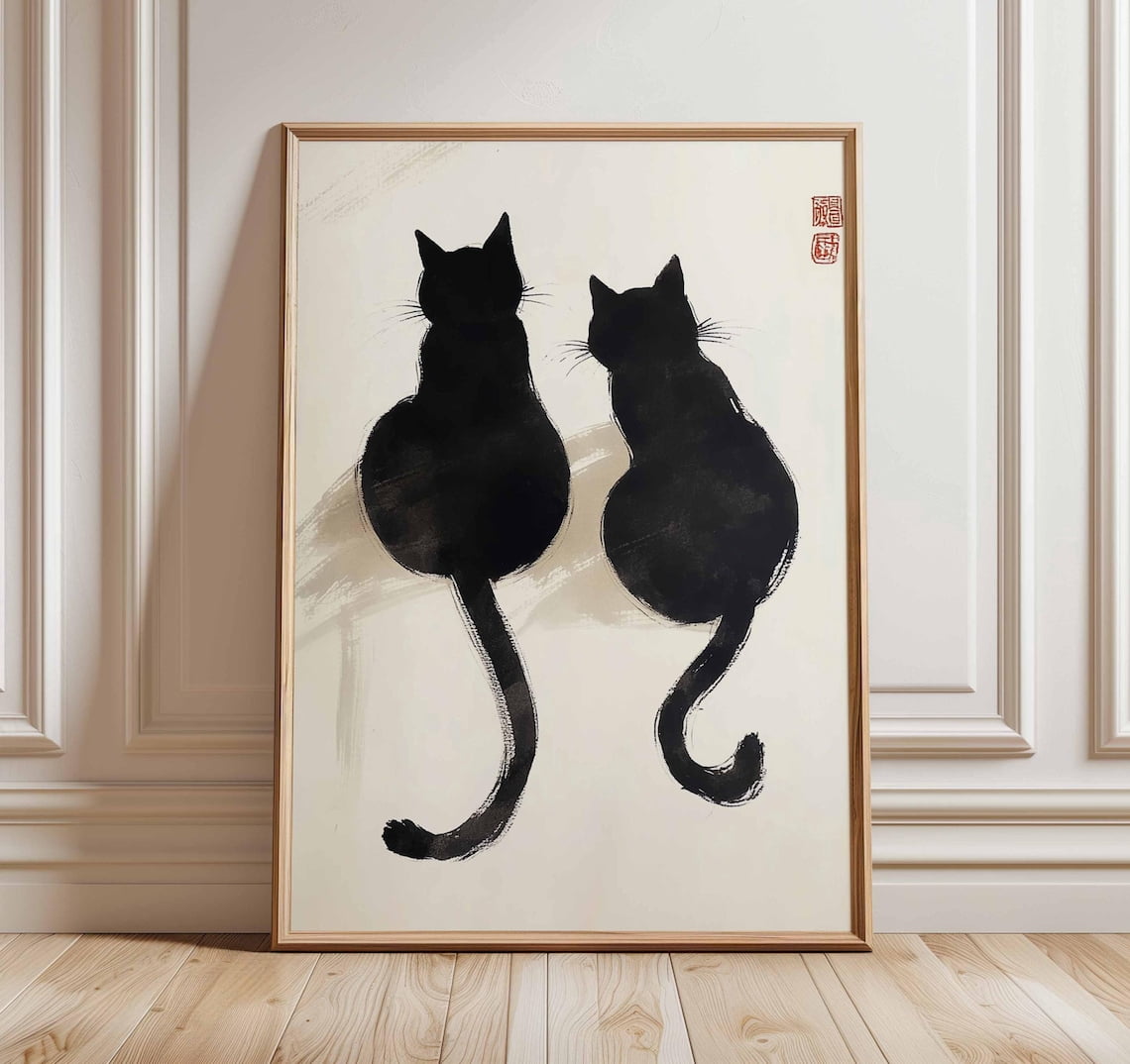 Black Cat Poster Japanese Minimalist Ink Wall Art Zen Animal Decor ...