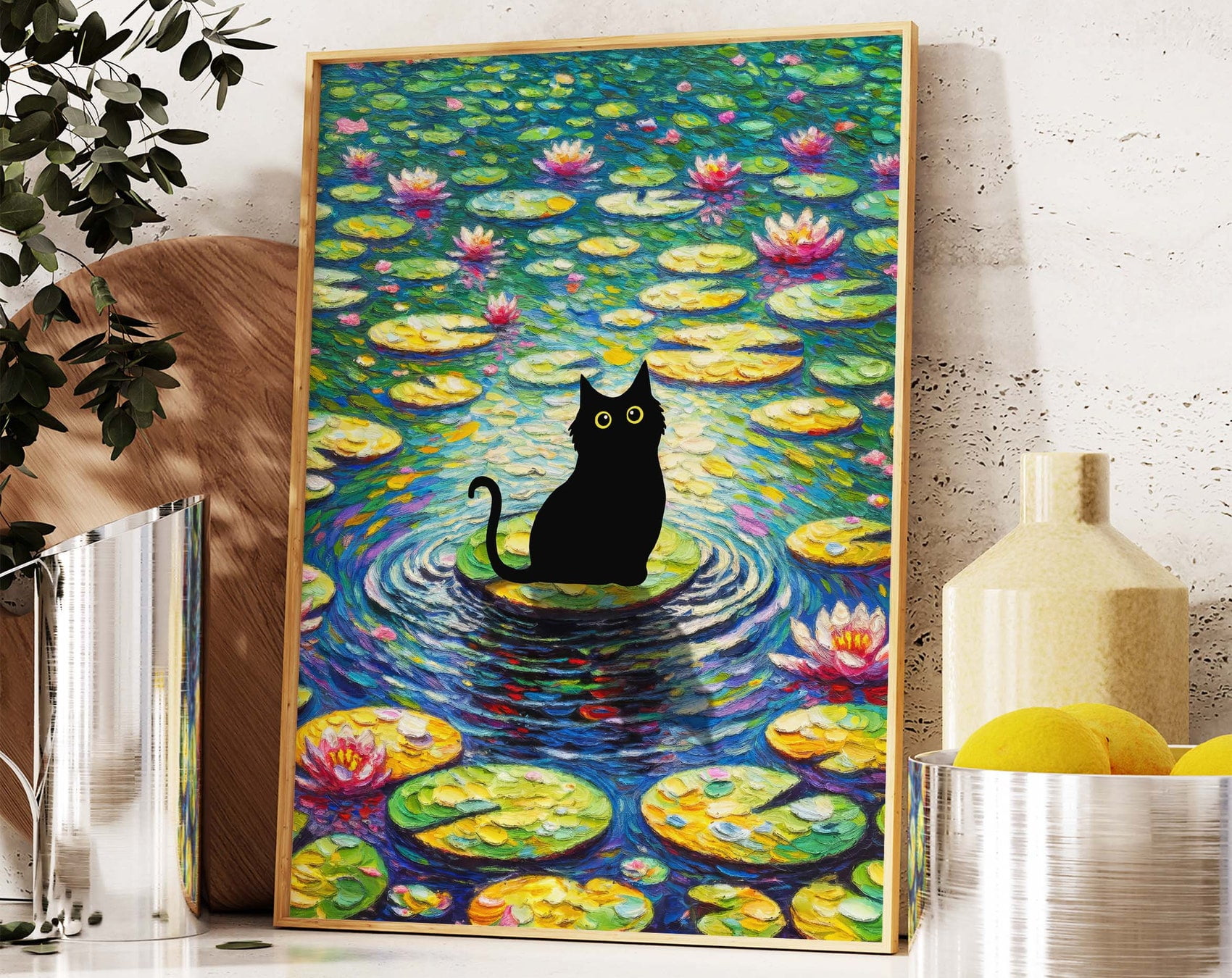 Black Cat Poster, Monet Waterlily Cat Print, Claude Monet Cat Poster ...