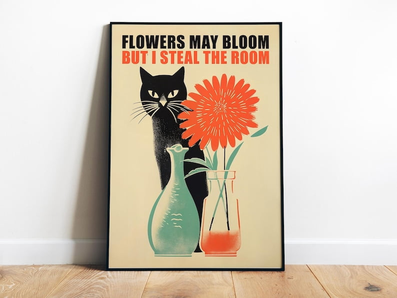 Black Cat Poster Printable, Retro Cute Kitten Art Print, Vintage Funny ...