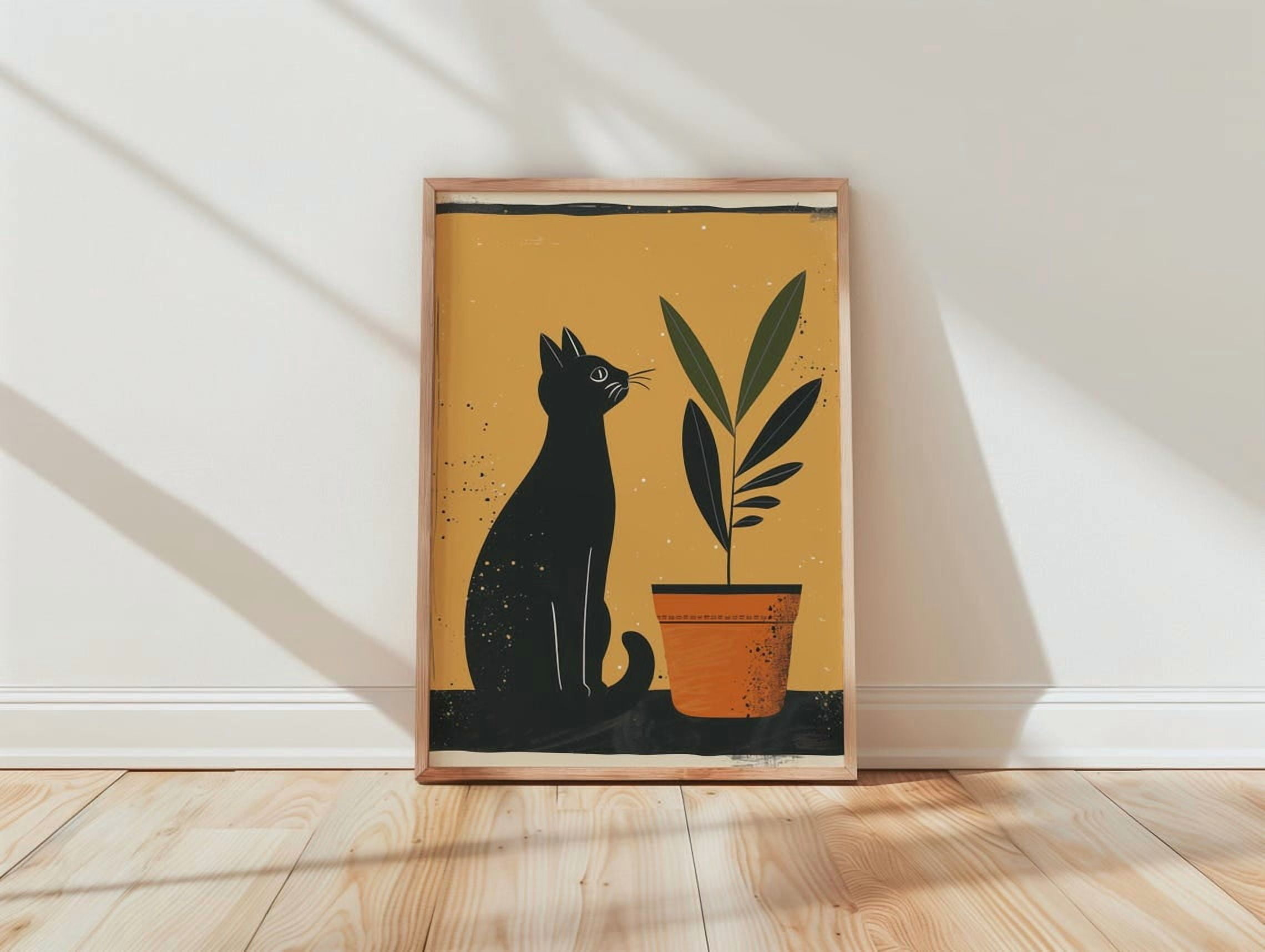 Black Cat Potted Plant Art Minimalist Ochre Modern Illustration ...