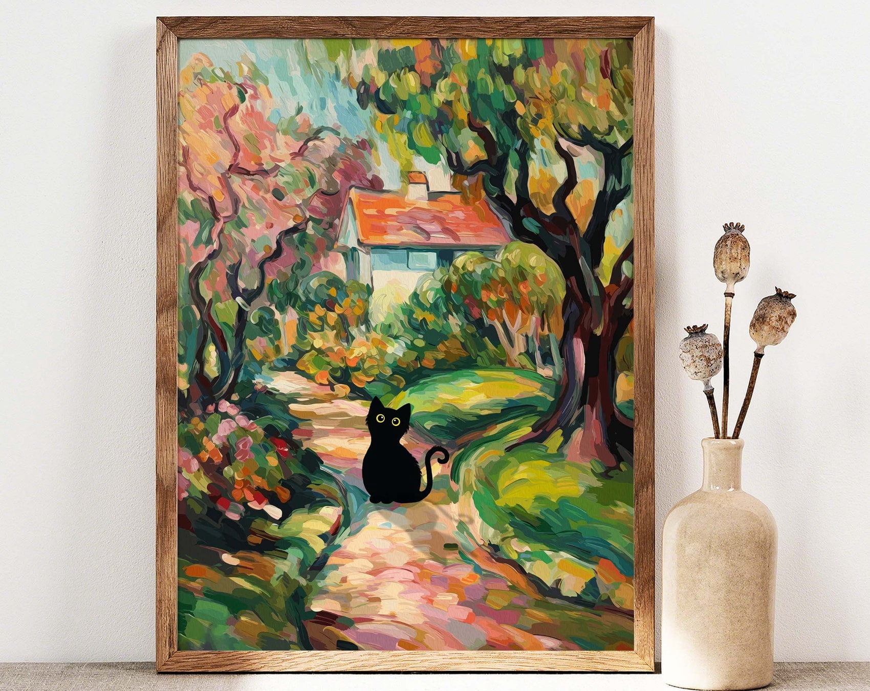 Black Cat Print, Cottage Garden Cat Poster, Cat Art, Floral Print ...