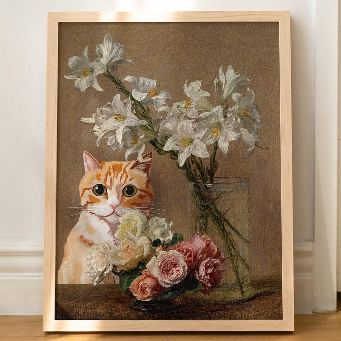Black Cat Print Henri Fantin Roses And Lilies Still Life Funny Gift ...