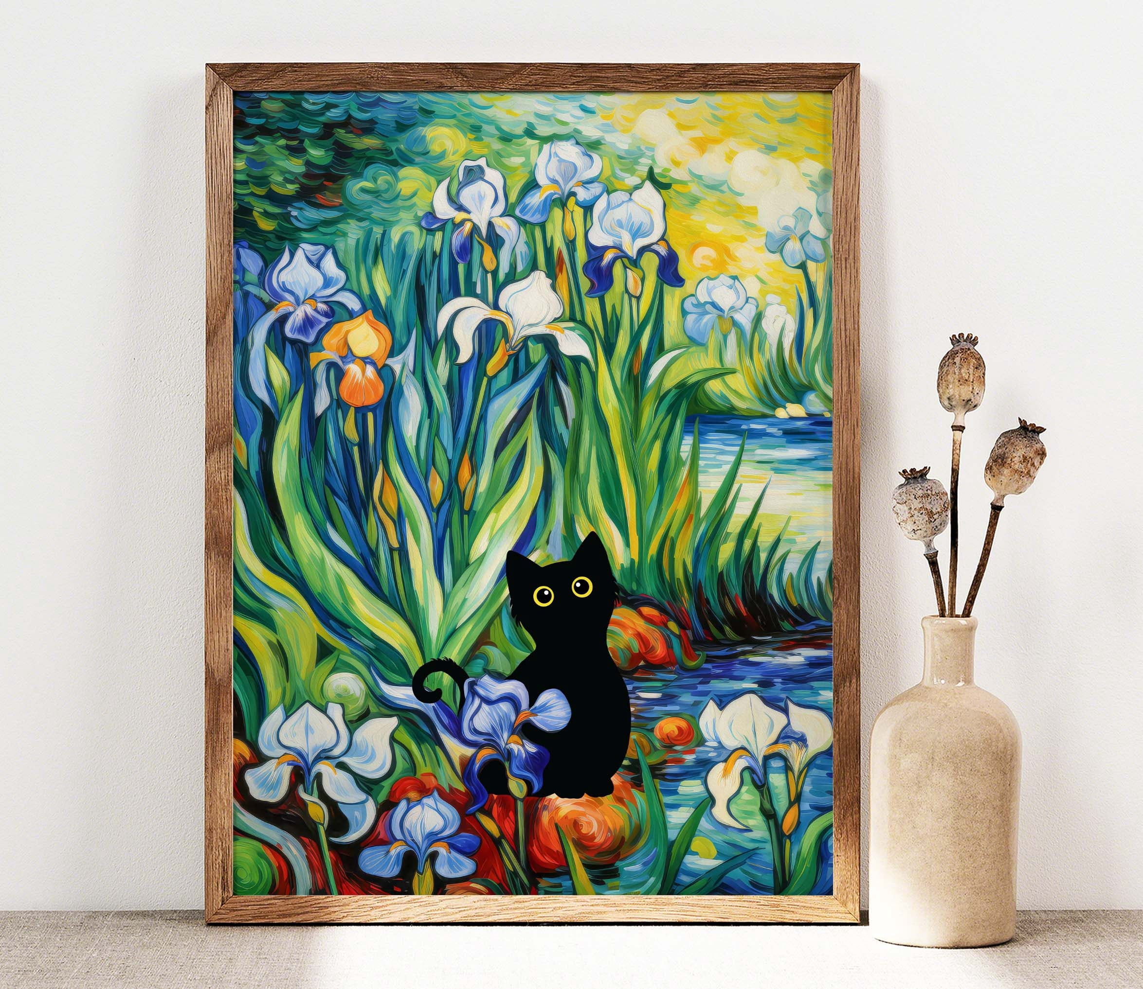 Black Cat Print Irises Cat Poster Cat Art Floral Print Funny Cat Print ...