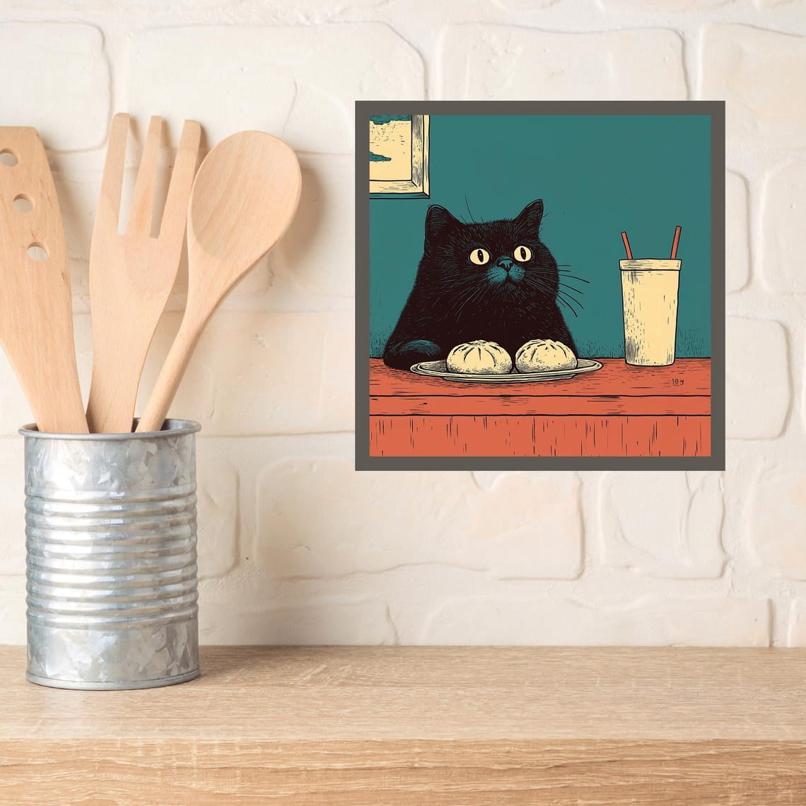 Black Cat Print - Quirky Kitchen Decor Silly Art Pork Buns Foodie ...