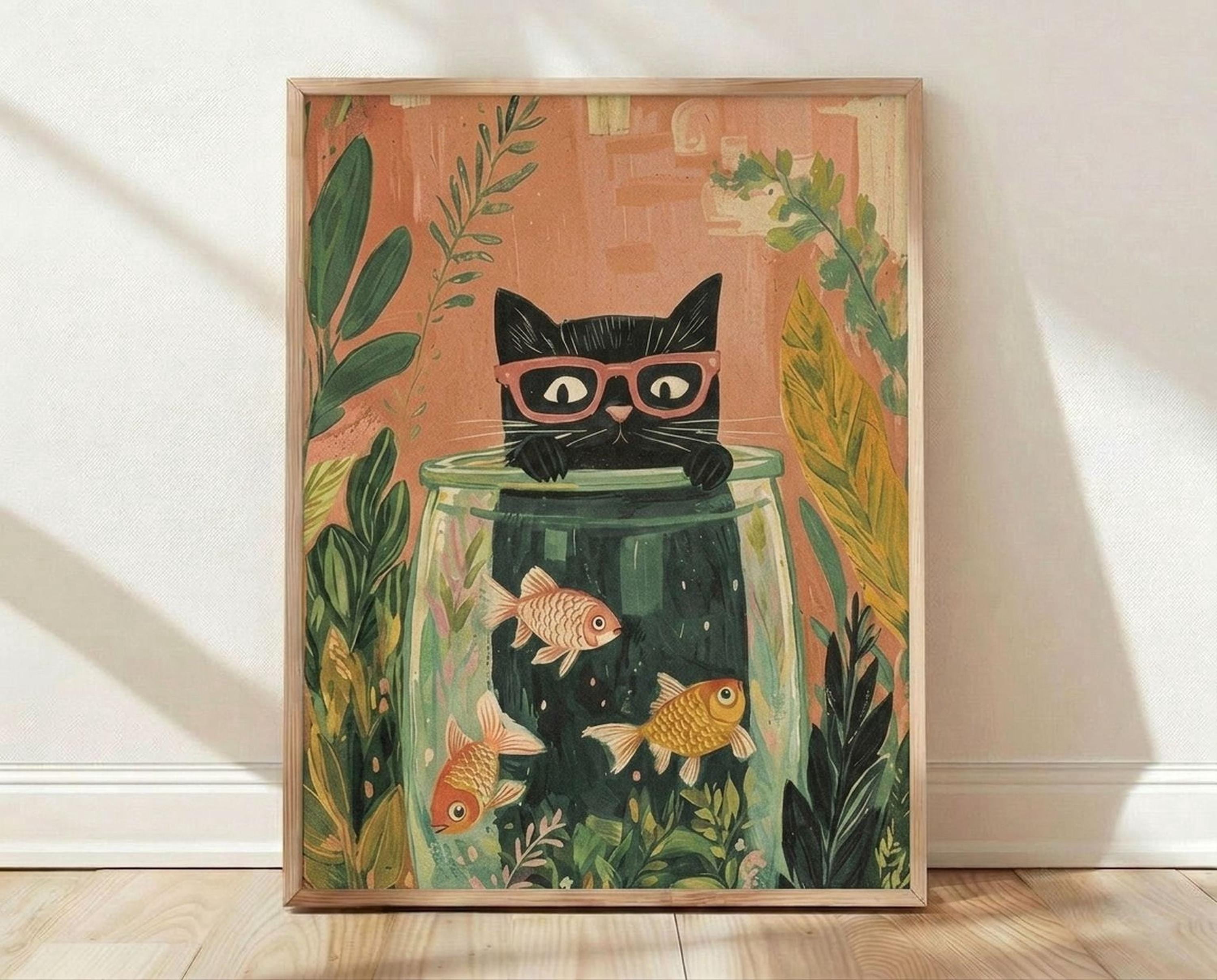 Black Cat Print, Whimsical Cat Poster, Fish Bowl Wall Art, Living Room ...