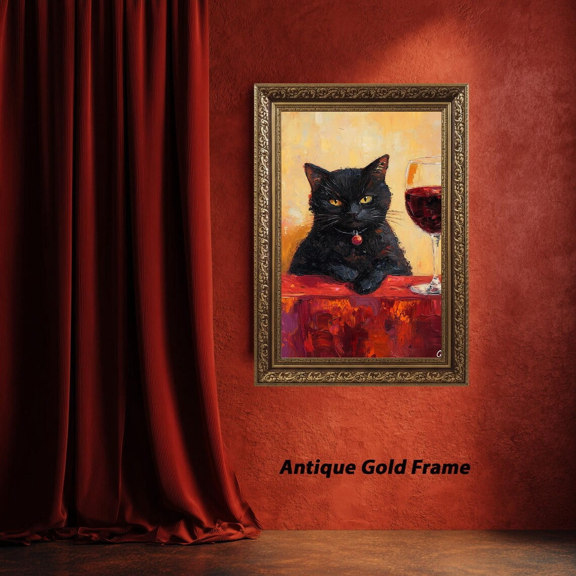 Black Cat Print with Wine Glass Elegant Pet Art Modern Home Decoration ...