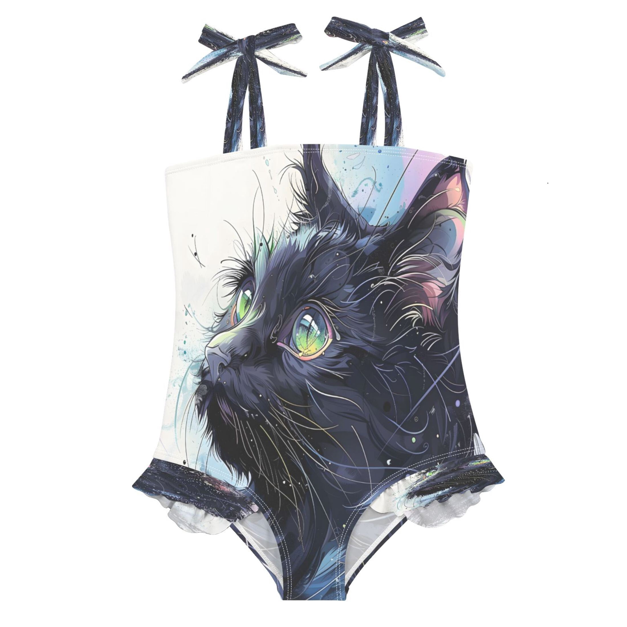 Black Cat Profile Girls' One-Piece Swimsuit Bowknot Tie Shoulder ...