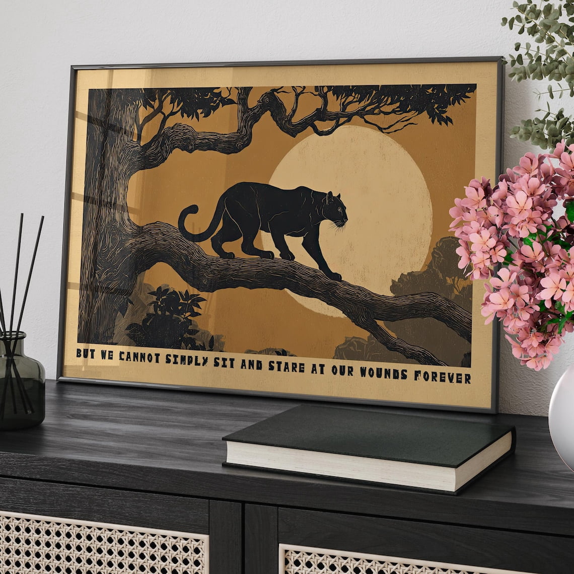 Black Cat Puma Silhouette Branch Full Moon Woodcut Style Wildlife ...