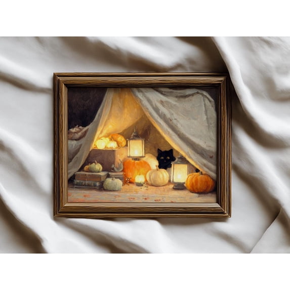 Black Cat Pumpkin Cozy Fall Wall Art, Unframed Paper Print Size 12x18 ...