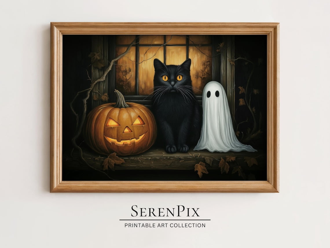 Black Cat Pumpkin Ghost, Ghost Cottagecore Decor, Spooky Art, Black Cat ...