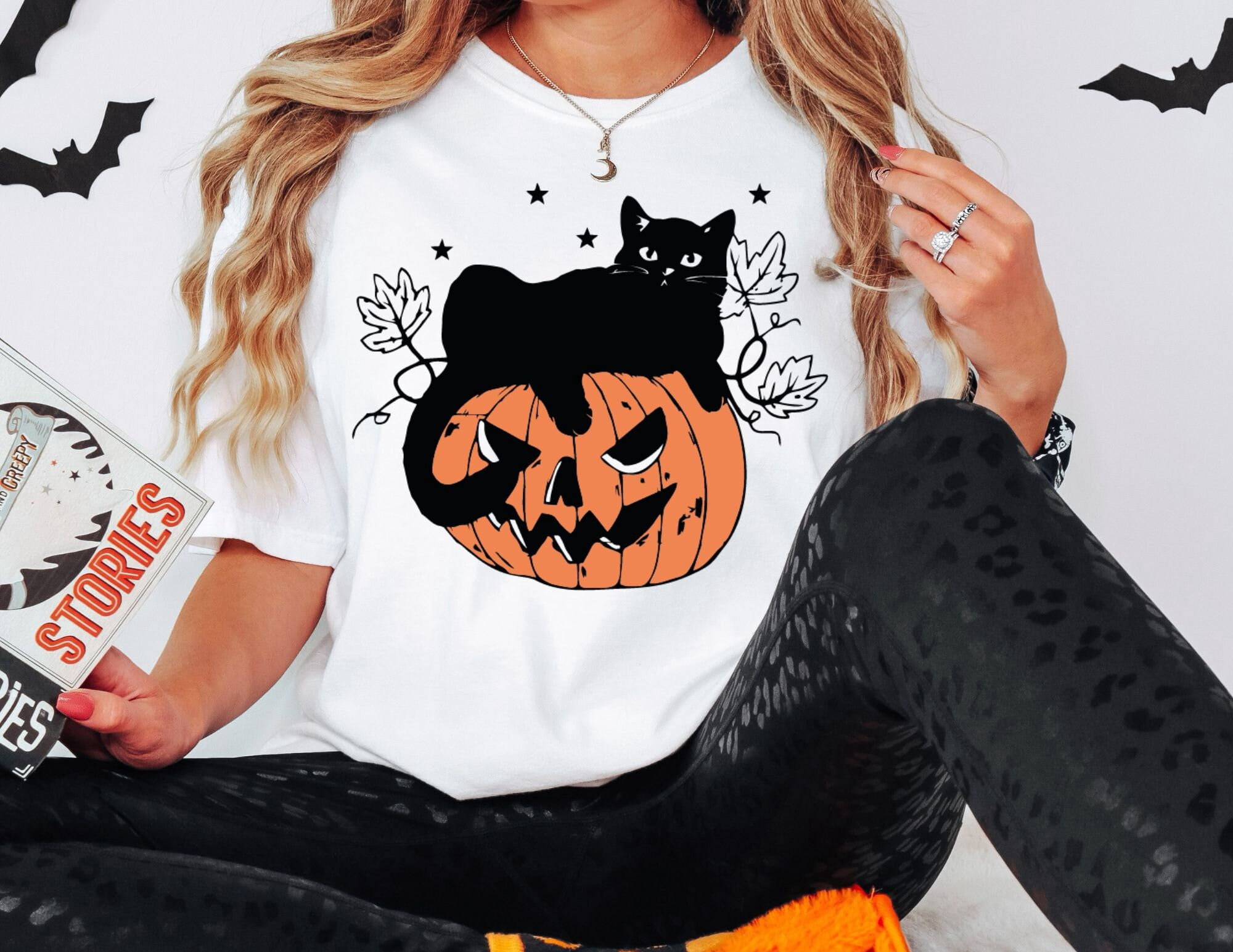 Black Cat Pumpkin Halloween TShirt - Walmart.com