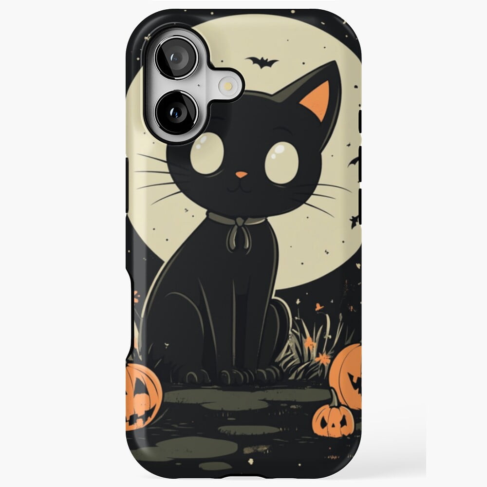 Black Cat Pumpkin Moon Illustration iPhone 17 11 12 13 14 15 16 Pro Max ...