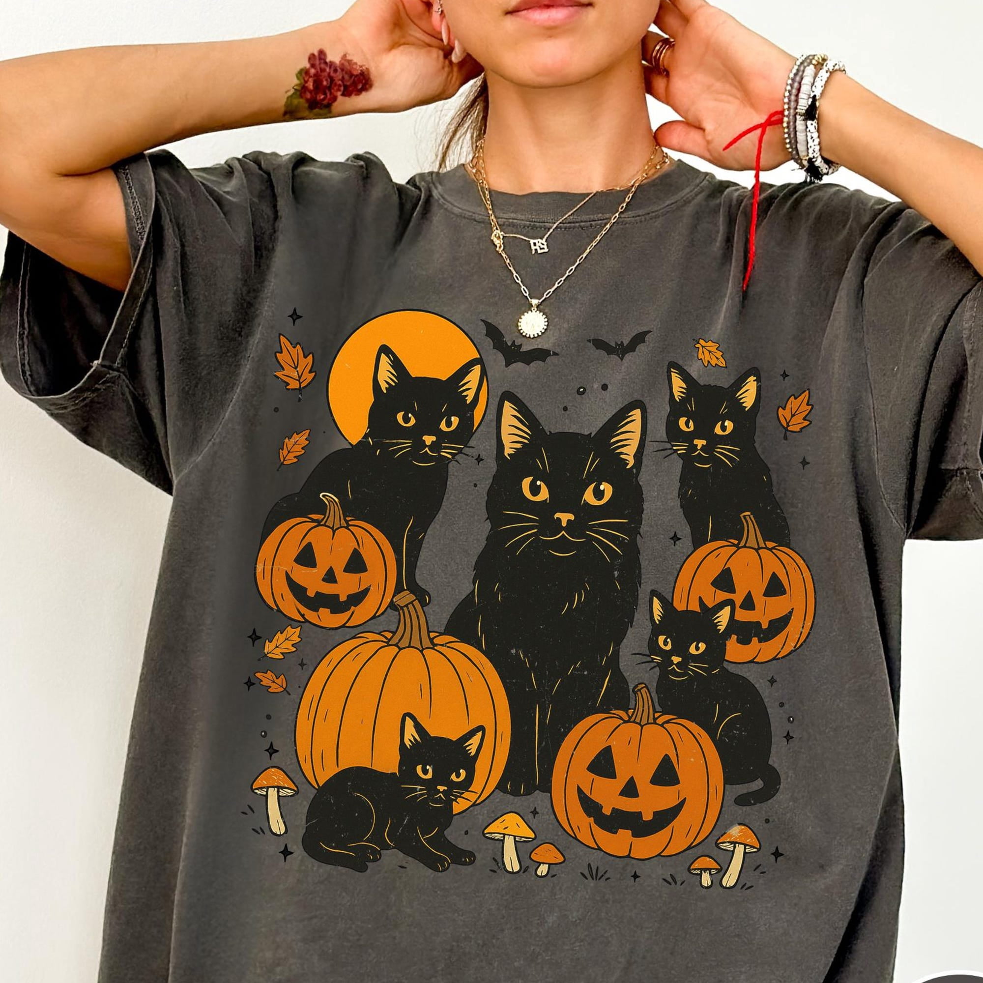 Black Cat Pumpkins Shirt Cat Halloween Tshirt Retro Halloween Aesthetic ...