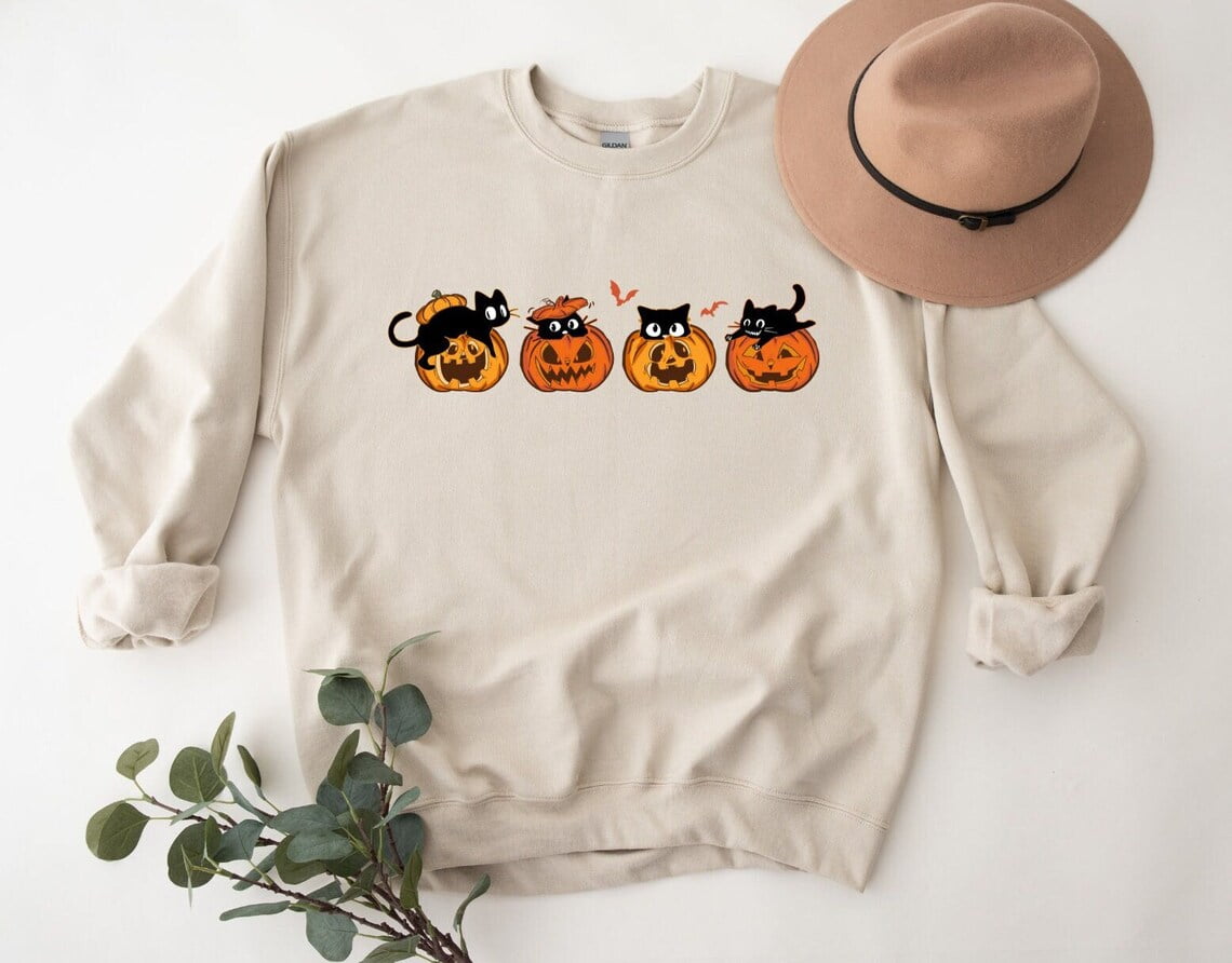 Black Cat Pumpkins Sweatshirt, Black Cats Sweater, Cat Hoodie ...