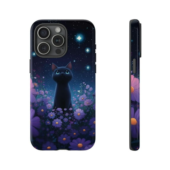 Black Cat Purple Flower Starry Night Phone Case for iPhone 17 16 15 14 ...