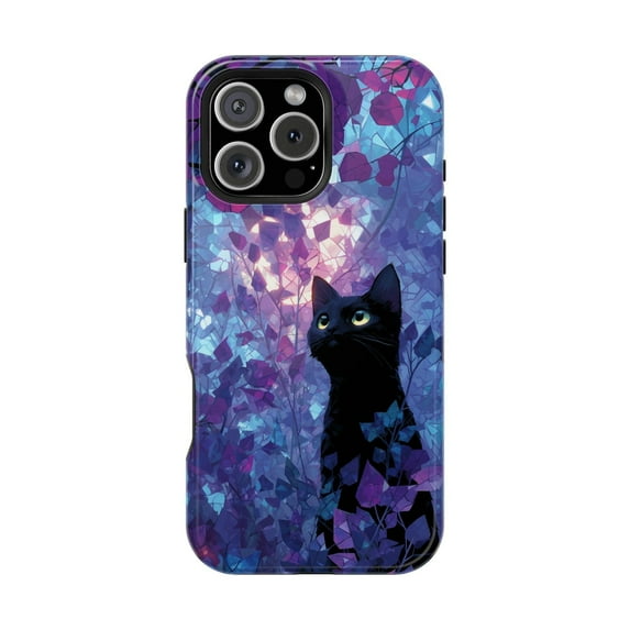 Black Cat Purple Leaves Stained Glass Elegant Artistic Design with ...