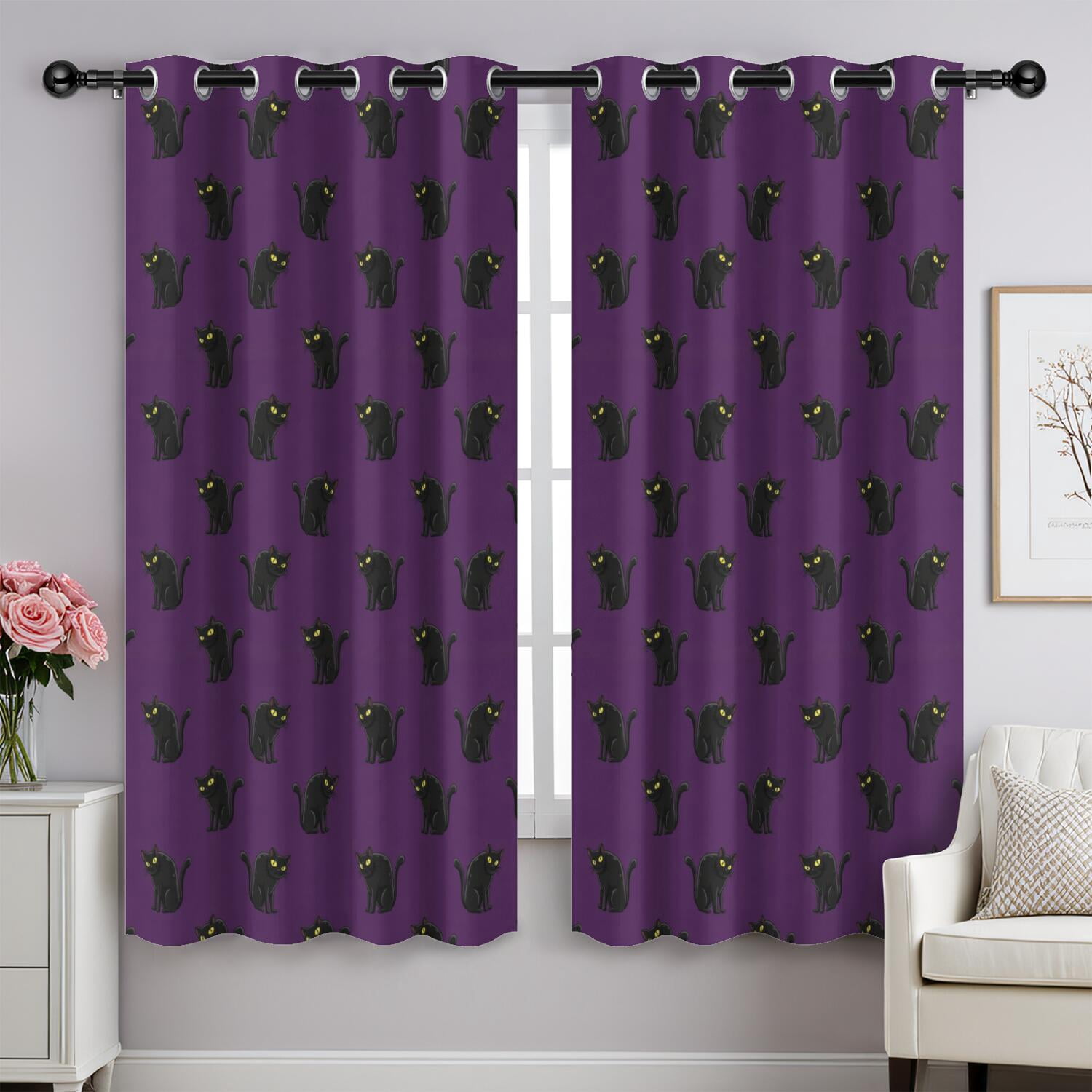 Black Cat Purple Pattern Blackout Curtains,Triple Weaved Fabric,Thermal ...