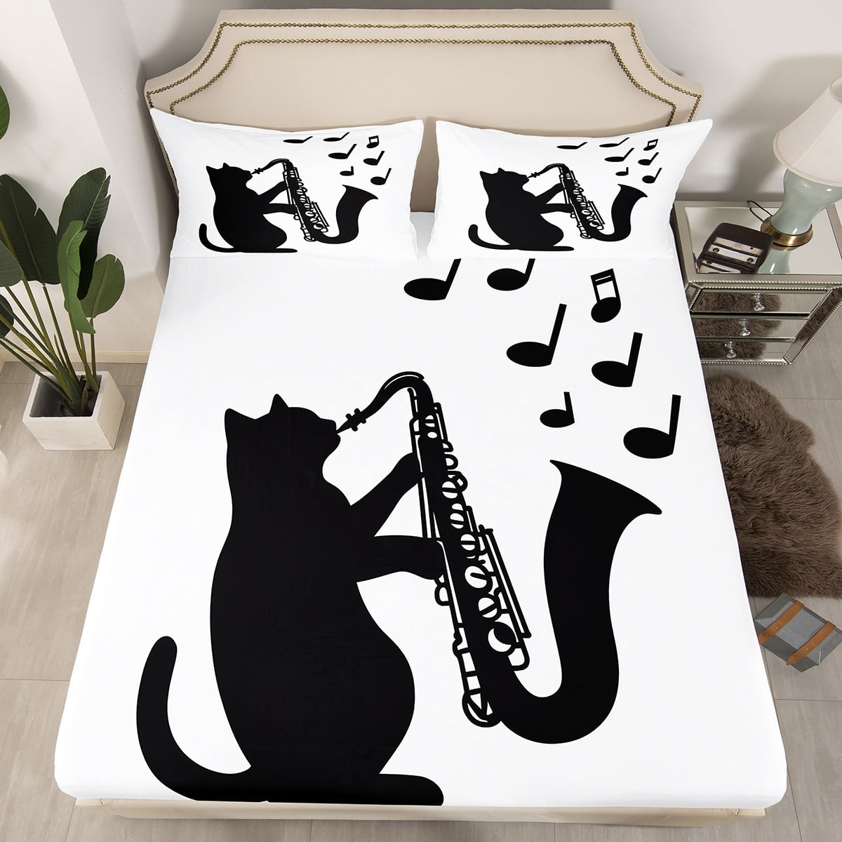 Black Cat Queen Bed Sheets,Saxophone Music Theme Bedding Set,Musical ...