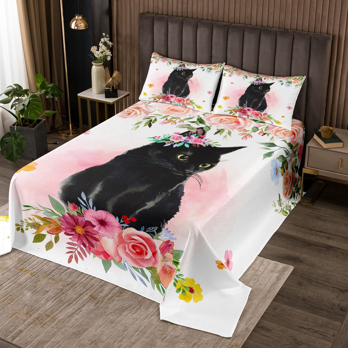 Black Cat Quilt Set Kitten King Bedspread Set ,Cute Pet Animal Coverlet ...