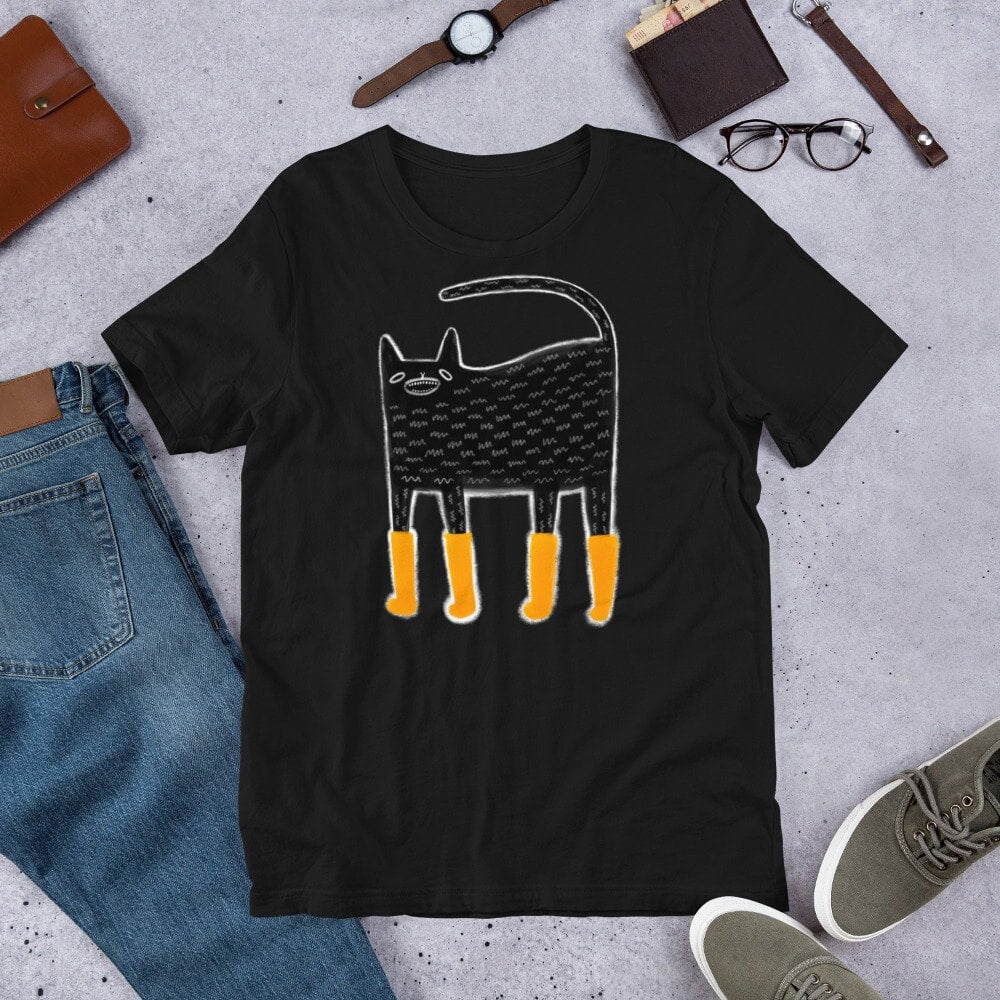 Black Cat Rainboots Shirt Folk Art Print Funny Birthday Housewarming ...