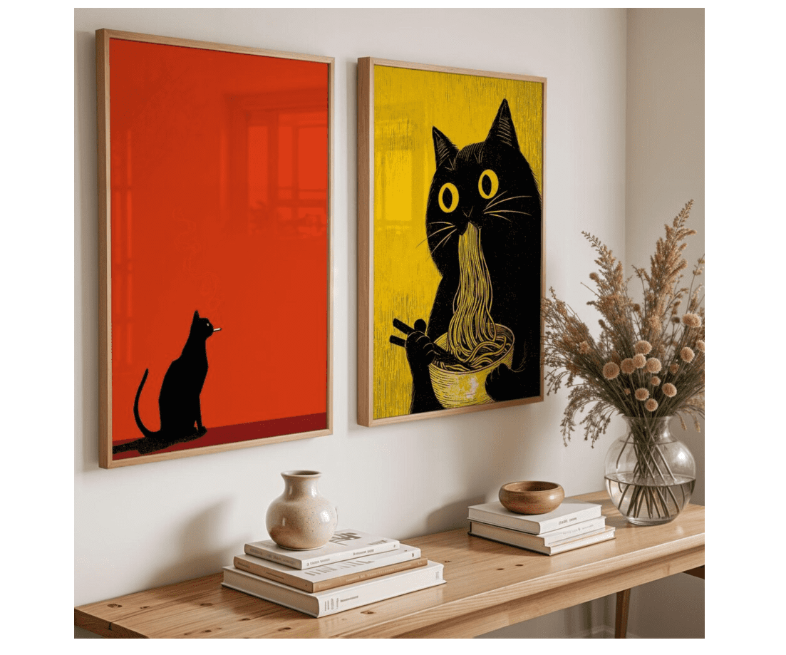 Black Cat Ramen Poster Set, Quirky Kitchen Bar Art Home Decor Office ...