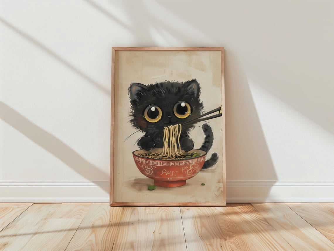 Black Cat Ramen Print, Whimsical Kitten Noodle Bowl Wall Art Poster ...