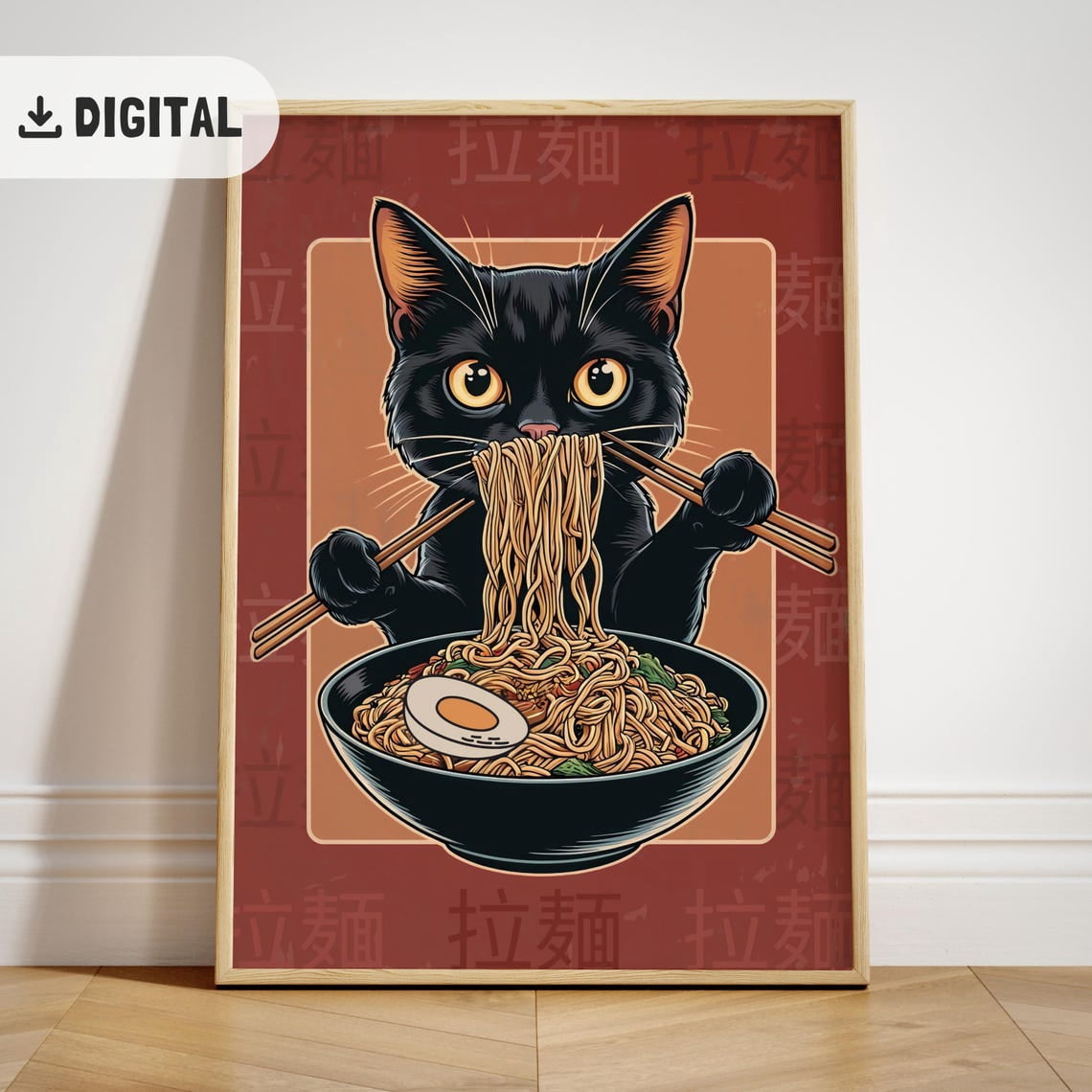 Black Cat With Ramen Wall Poster Catful Kitchen Decor Noodle Lover ...