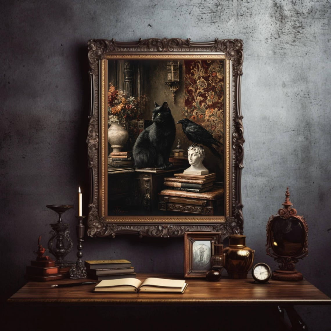 Black Cat And Raven Dark Academia, Victorian Gothic Wall Art, Witchy ...