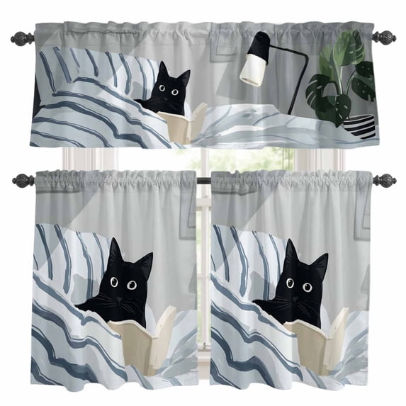 Black Cat Reading in Bed Kitchen Curtains and Valances Set, Funny Cute ...