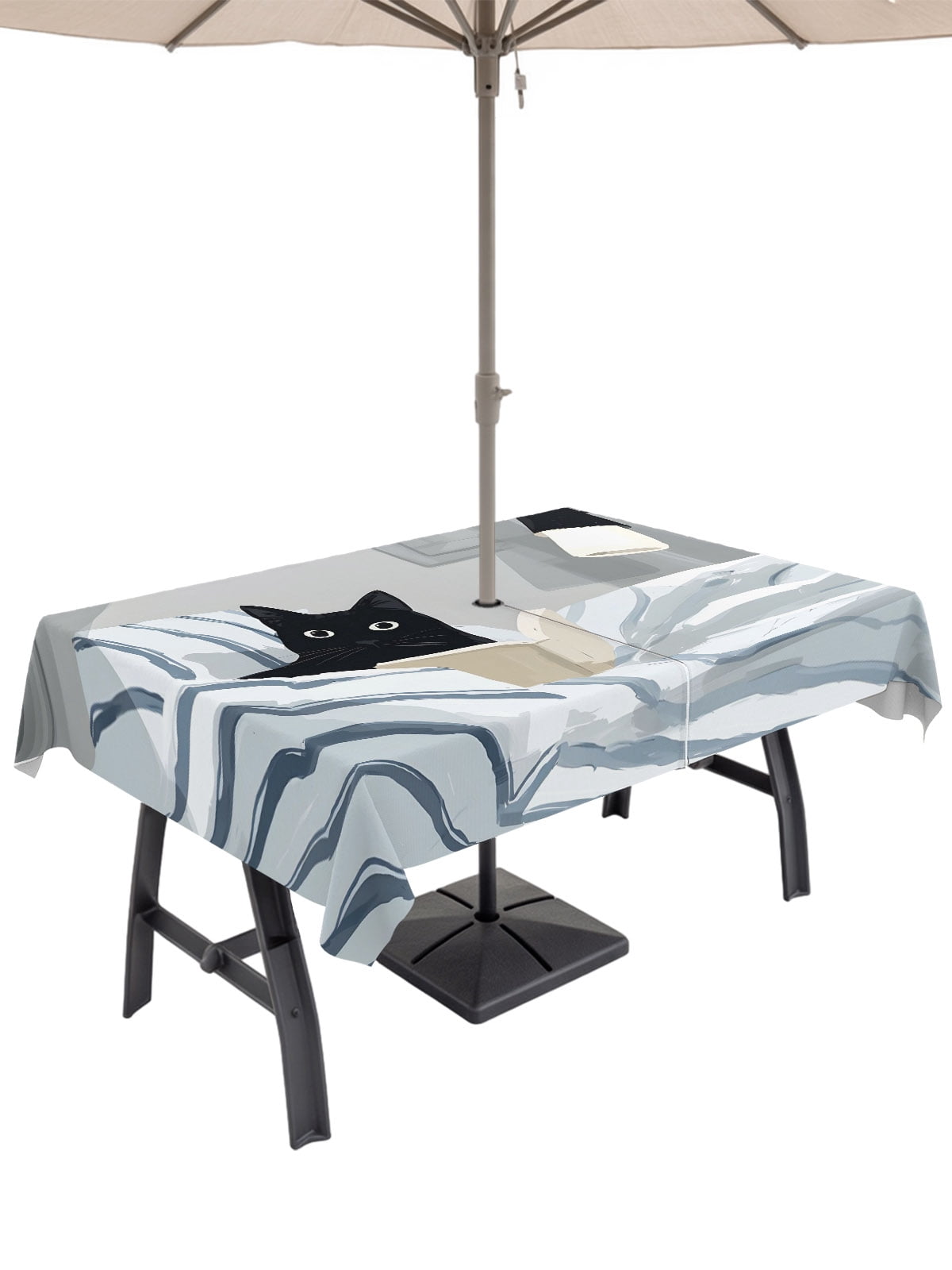 Black Cat Reading in Bed Rectangle Outdoor Tablecloth with Umbrella ...