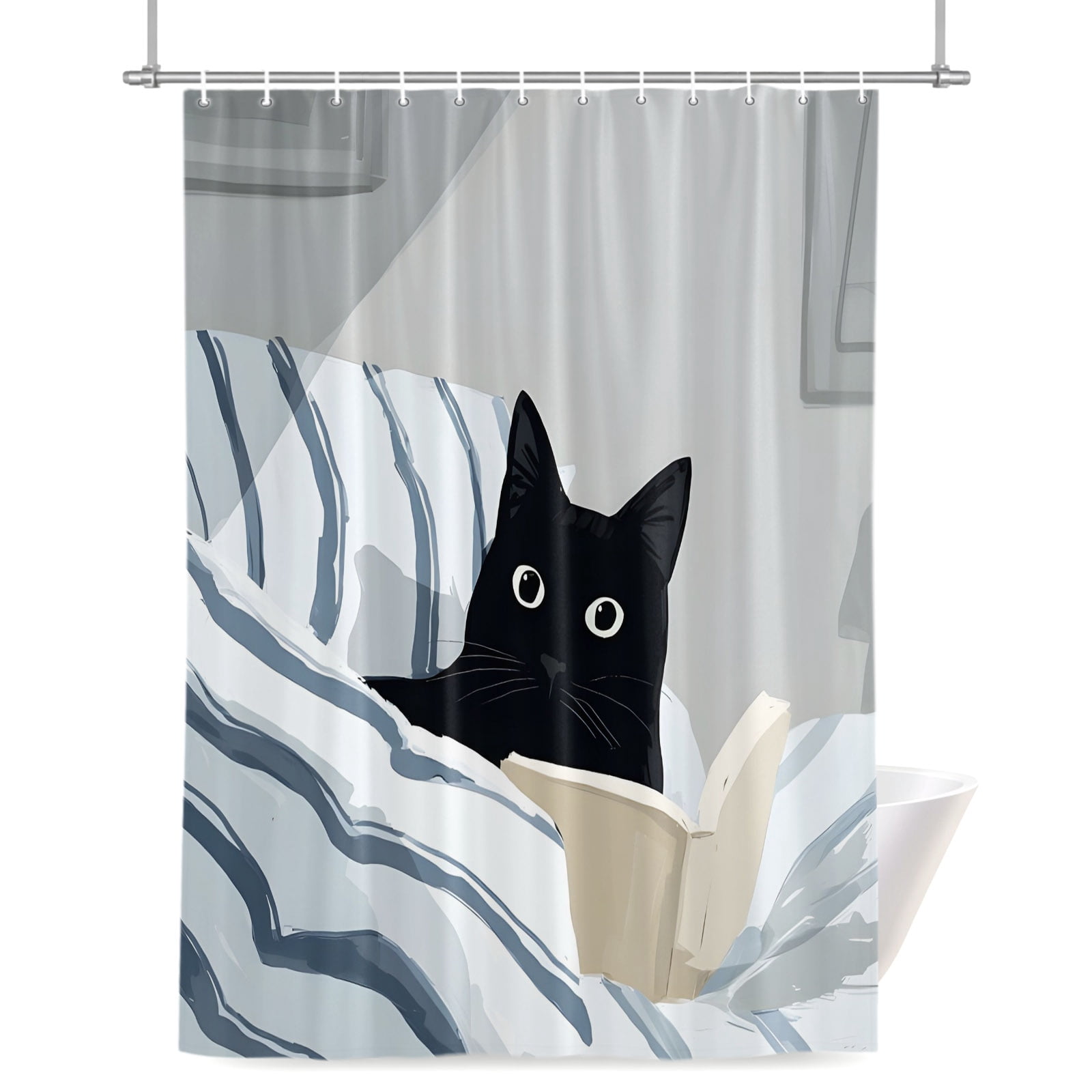 Black Cat Reading in Bed Shower Curtain, Funny Cute Animal Waterproof ...