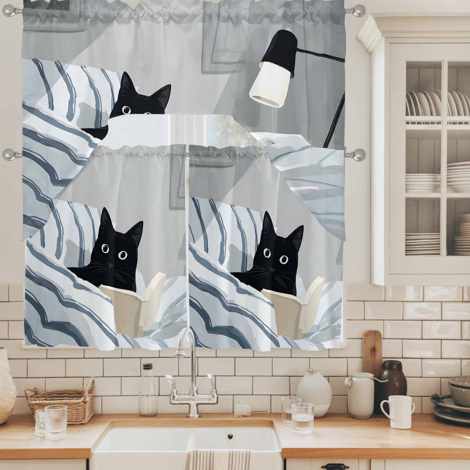 Black Cat Reading in Bed Swag Curtains Valance and Tier Set, Funny Cute ...