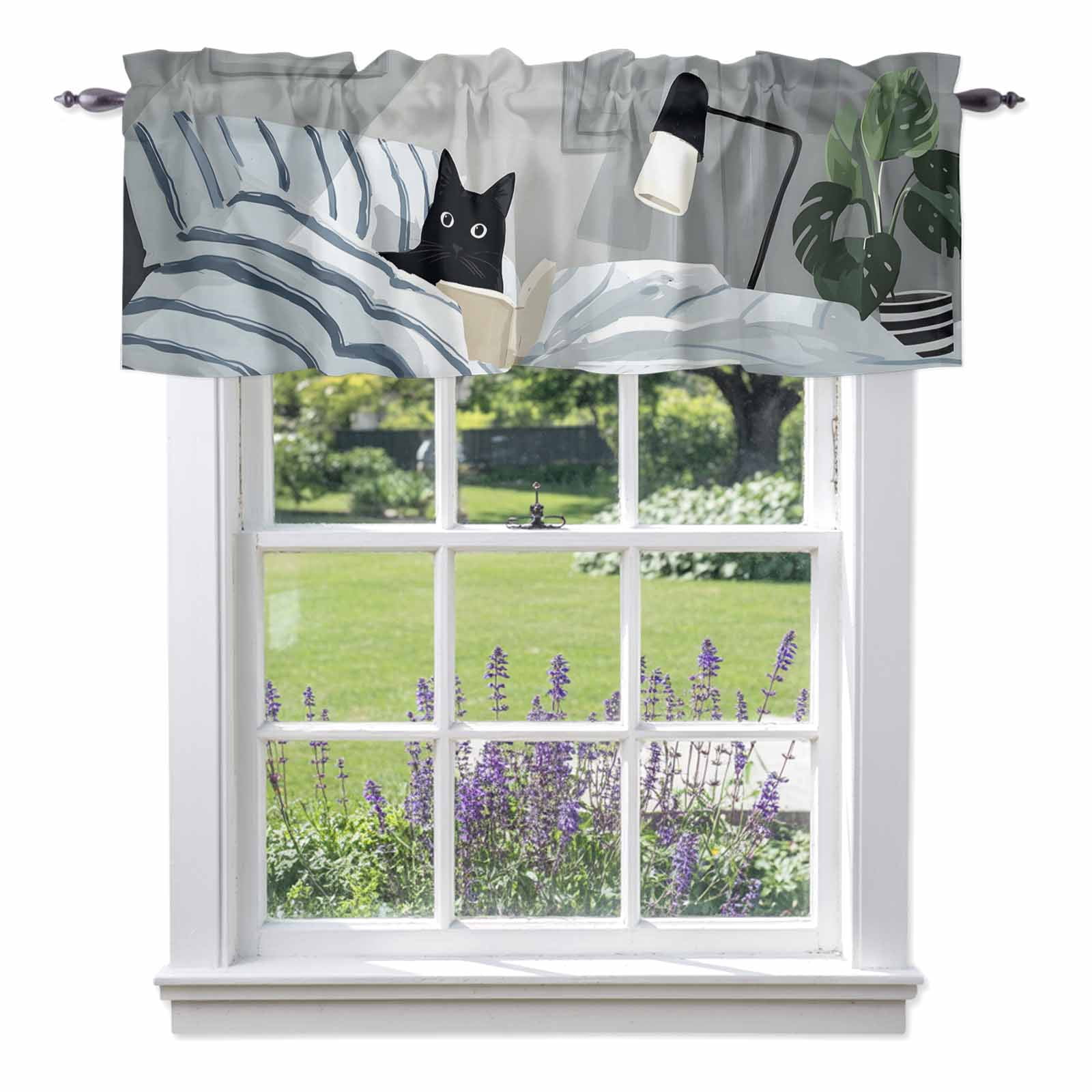Black Cat Reading in Bed Valances for Windows Funny Cute Animal Rod ...