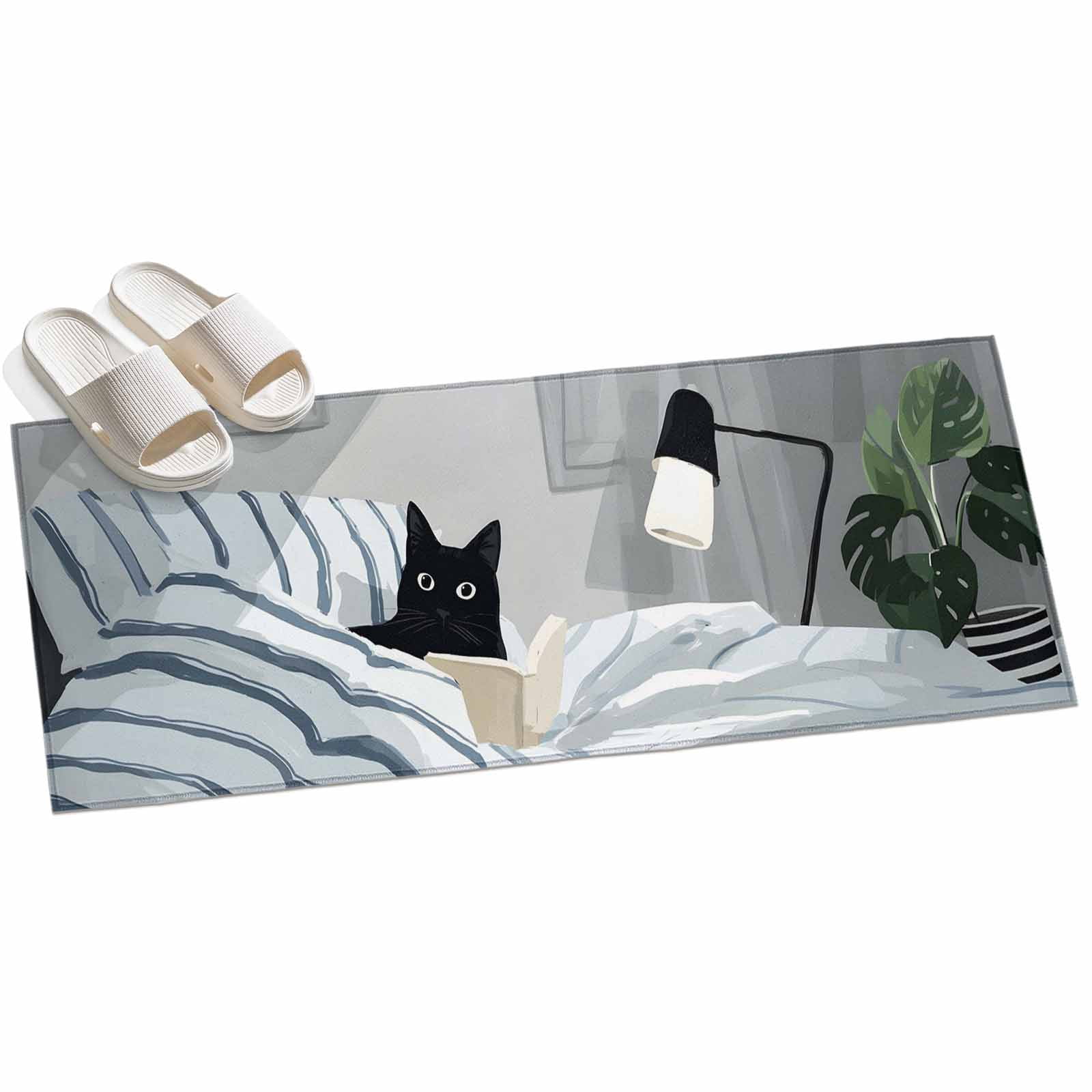 Black Cat Reading in Bed Washable Area Rug 2 x 6 ft Funny Cute Animal ...